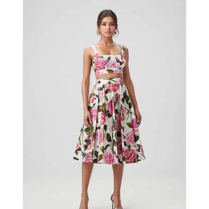 Floral Print Sling Top and Long Skirt Two-Piece Set - Renni